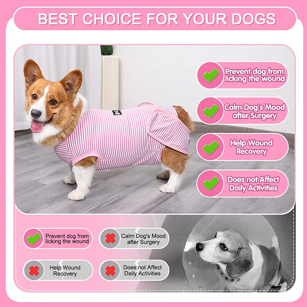 EMUST Dog Recovery Suit, After Surgery Wear for Dogs Male Female, Pet E-Collars Alternative Bandages, Professional Dog Onesie for Surgery for Abdominal Wounds, Weaning&Skin Diseases,Pink Strip/XS