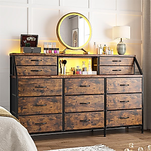 EnHomee 55”W Dresser for Bedroom, Dresser with 13 Large Drawer, Dressers & Chests of Drawers, Dressers with 2 Shelves, Bedroom Dresser, Long Dresser for Closet, Wooden Top Metal Frame Rustic Brown