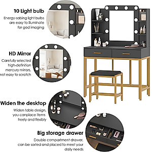 Makeup Vanity with Lighted Mirror, Black Vanity Mirror with Lights and Table Set, Vanity Set with 10 LED,Vanity Desk with 3 Lighting Modes and 2 Drawers&Cushioned Stool for Bedroom