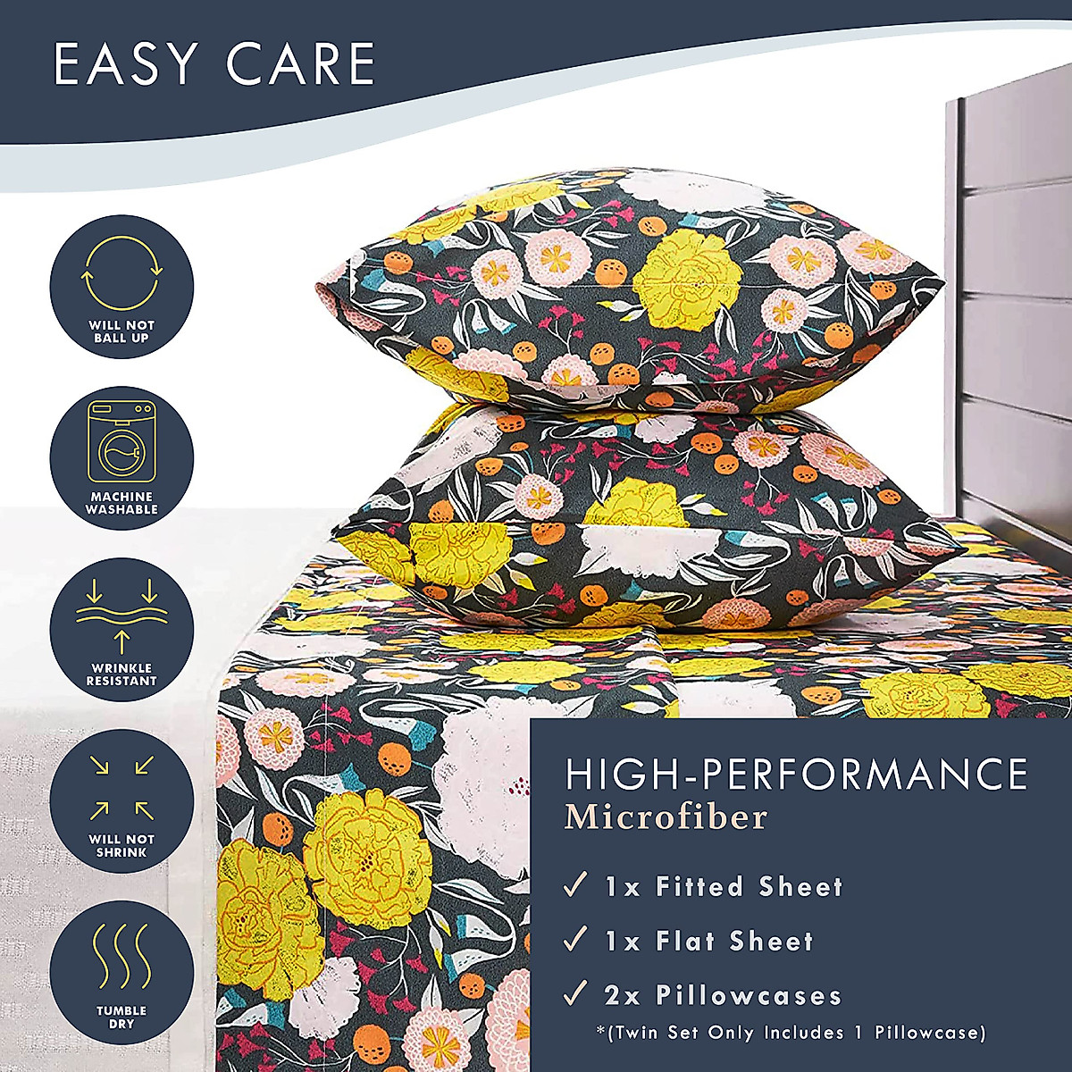 WTPDR Dark Floral Bedsheets Queen Size, Super Soft Wrinkle Resistant Bedding Set for Boho Room Décor, Premium Floral White Queen Bed Sheets for Girls, Teens and Master Bedrooms