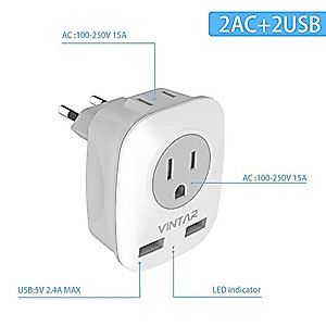 [3-Pack] European Travel Plug Adapter, VINTAR International Power Plug Adapter with 2 USB Ports,2 American Outlets- 4 in 1 Travel Essentials to France, Germany, Greece, Italy, Israel, Spain (Type C)