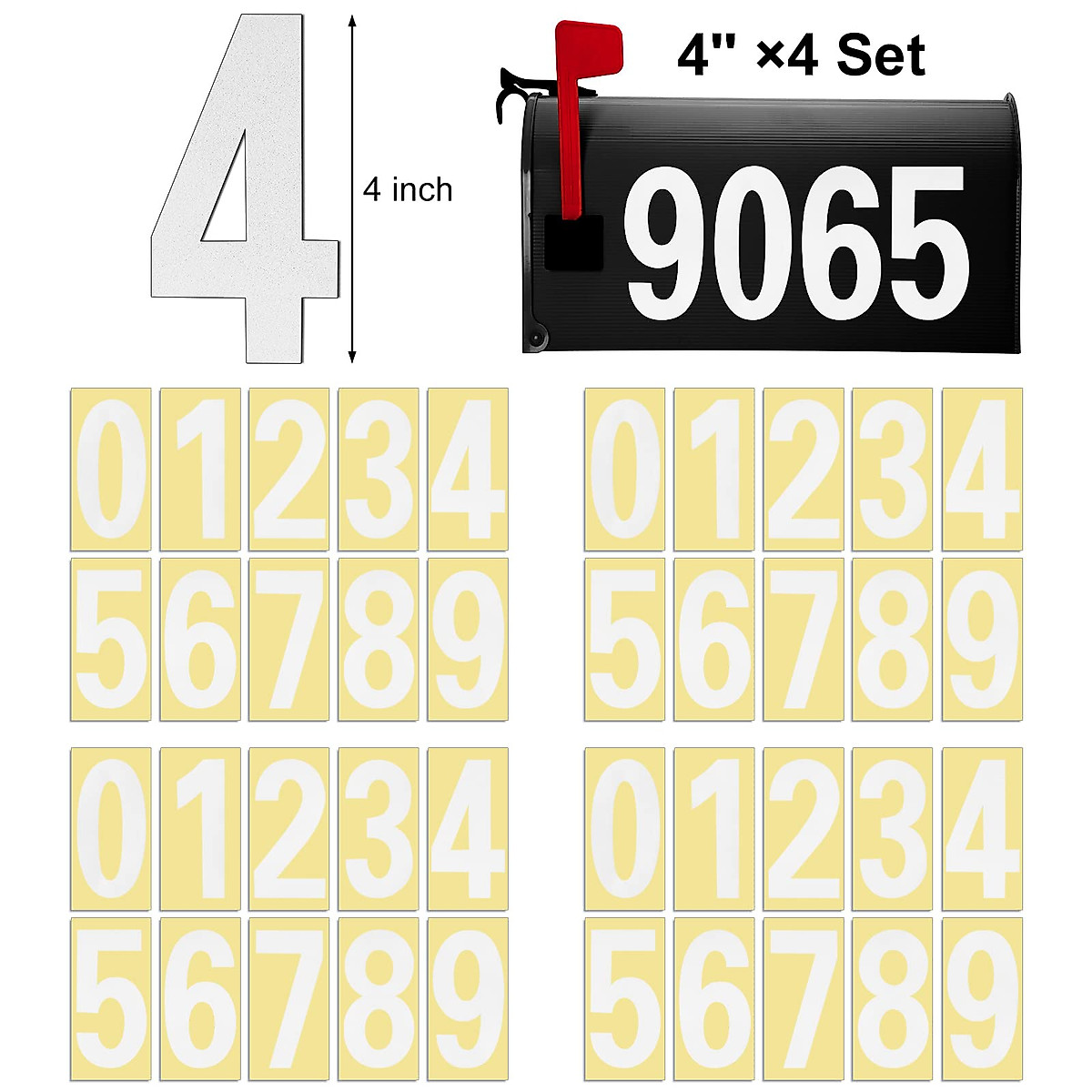 Reflective Mailbox Number for Outside, 4 Inch 4 Sets Vinyl Waterproof White Mailbox Numbers Stickers, Strong Self-adhesive House Adress Numbers for Mailbox Door Signs Trucks (Number 0-9)