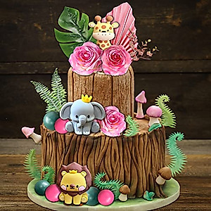 UFROMSKY 22pcs Safari Jungle Animal Cake Toppers Flower Balls Cake Decoration with Boho Palm Leave Forest Animal Toys and Artificial Flowers for Boys Girls Safari Theme Birthday Party Supplies
