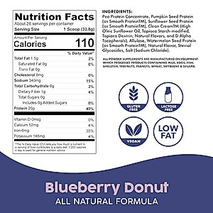 BOWMAR NUTRITION Vegan Protein, Vegan Gluten Free Protein Powder, 20-22g of Protein, Low Fat, Delicious Tasting. Pea, Pumpkin Seed, Watermelon Seed, & Sunflower Seed Protein (Blueberry Donut)