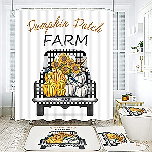 Ikfashoni 4Pcs Fall Shower Curtain Set with Non-Slip Rugs, Toilet Lid Cover and Bath Mat, Thanksgiving Farmhouse Truck Shower Curtain with 12 Hooks, Autumn Pumpkin Shower Curtain for Bathroom