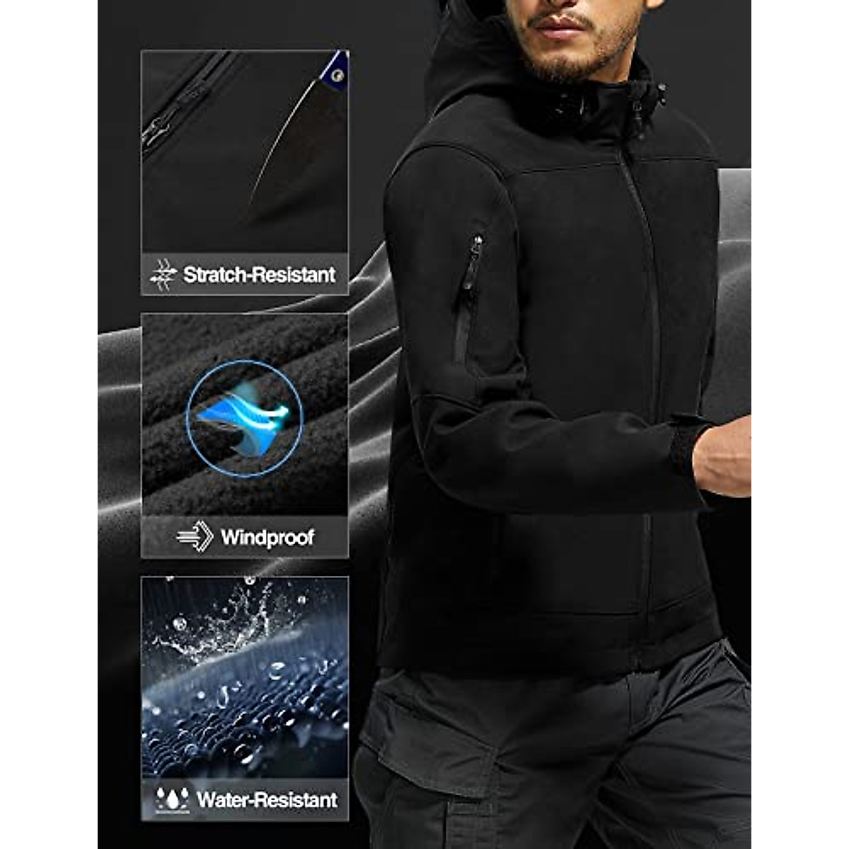 FREE SOLDIER Softshell Hiking Warm Hunting Tactical Waterproof Winter Jacket for Men(Black,3XL)