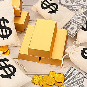 12 Pieces Canvas Money Bag Pouch with Drawstring and 12 Pieces Gold Bar Party Boxes 7 x 4.33 Inch Money Bag Pirate Gold Boxes for Children Toys Presents Crafts Pirate Theme Birthday Party Supplies