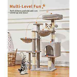 Taoqimiao Cat Tree, 39.4-Inch Cat Tower for Indoor Cats,Suitable for Kittens,Plush Cat Condo with 5 Scratching Posts, Plush Perch,2 Hammock,Pompoms, MS019W Light Gray