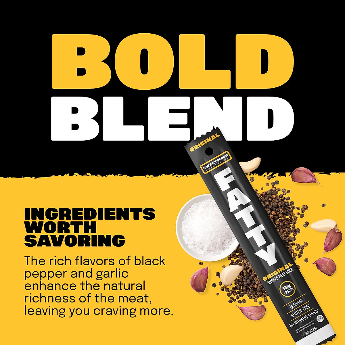 American Made Sweetwood Smokehouse FATTY Meat Sticks, Grass-Fed Beef, High Protein Snack, Camping, Sports, Road Trip, Low Carb, Gluten Free, MSG Nitrate Original Flavor, 2 Ounce (Pack of 10)