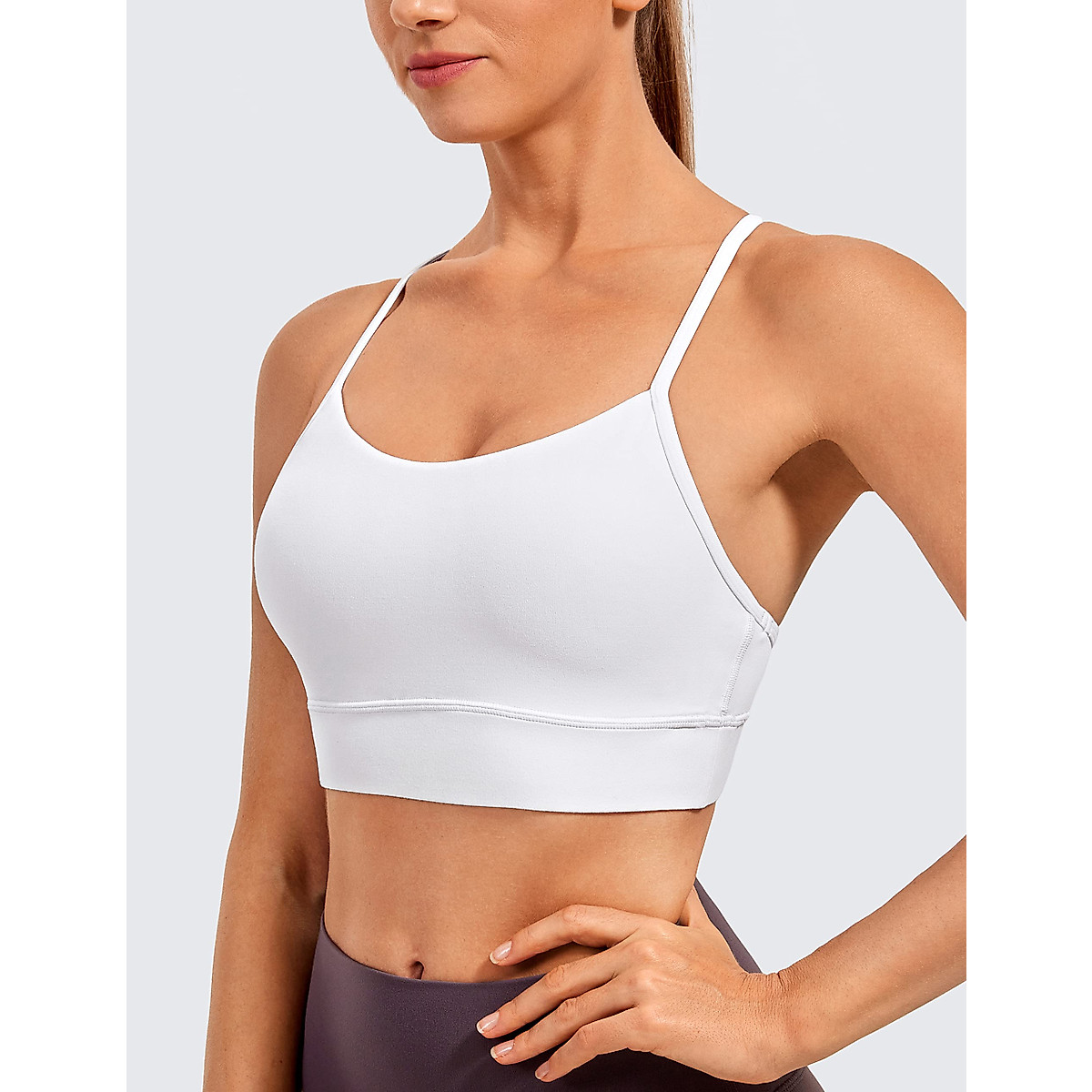 CRZ YOGA Butterluxe Womens Y-Back Racerback Sports Bra - Spaghetti Straps Wireless Scoop Neck Athletic Padded Yoga Bra White Small