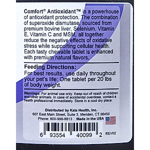 Kala Health COMFORT Antioxidant Supplement for Dogs, 1,000 Count, Immune Support and Helps Reduce Skin Allergies, Contains: MSM, Superoxide Dismutase, Selenium and Vitamin C & E, Made in The US