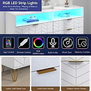 Loomie 6 Drawers Double Dresser with Power Outlet & LED Light,White Long Dresser Chests of Drawers with Storage Cubby,Wood Wide TV Dresser Stand for up to 55" for Bedroom,Hallway,Entryway