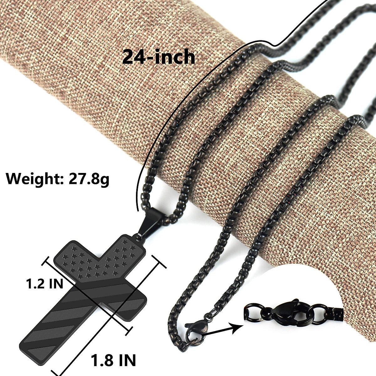 REGIS American Flag Cross Necklace， Stainless Steel Chain with 24-Inch Bible Verse Lord's Prayer Pendant - Men's Patriotic Religious Christian Gift (Always remember, black)