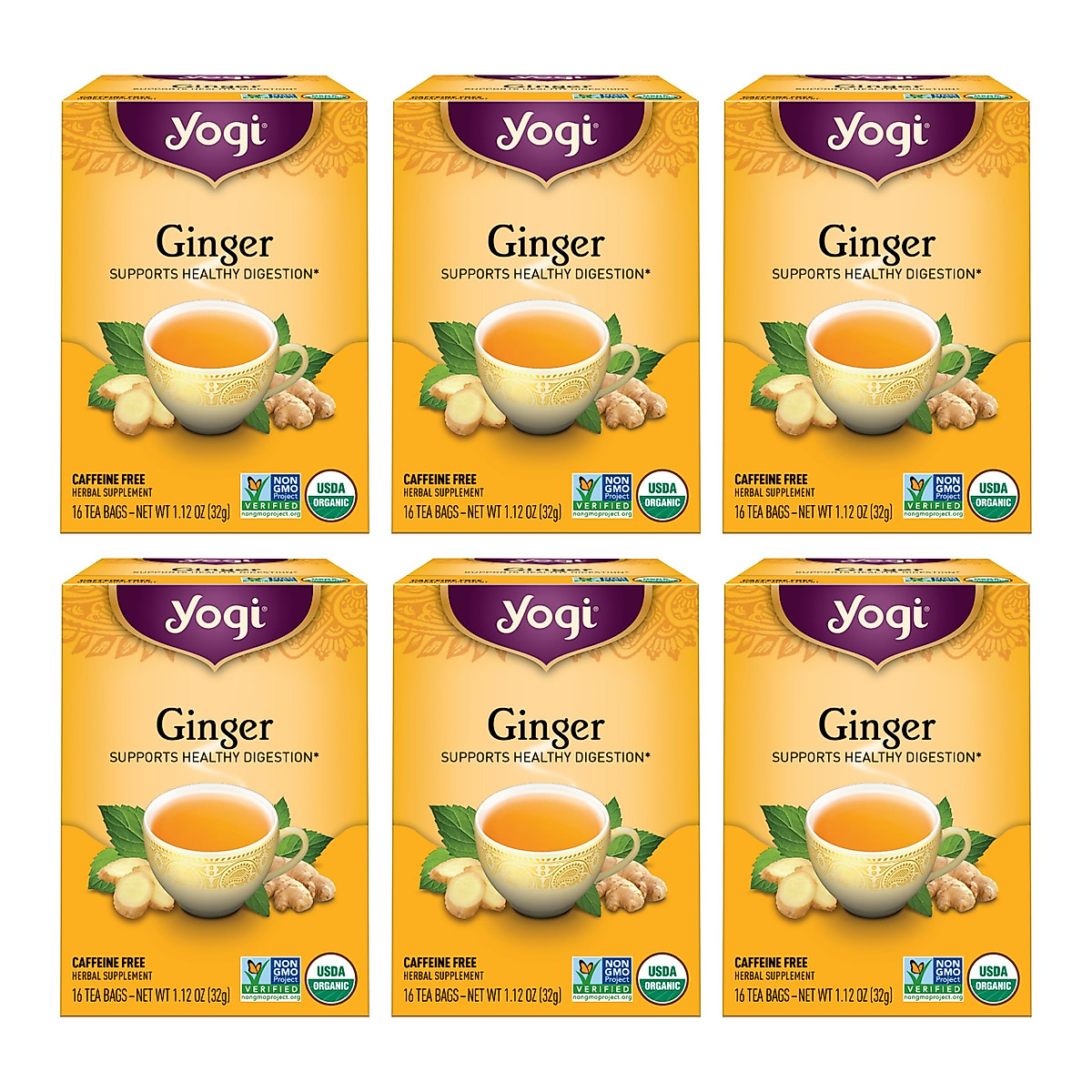 Yogi Tea - Ginger Tea (6 Pack) - Supports Healthy Digestion - Soothing and Spicy Blend - Caffeine Free - 96 Organic Herbal Tea Bags