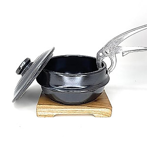 JOVELY Korean Cooking Premium Ceramic Stone Bowl(Dolsot or Ddukbaegi) Diameter 6.3'' High 2.95'' Sizzling Hot Pot for Korean food such as Bibimbap and Soup (with Lid, Wood Tray and Bowl Tongs Set)