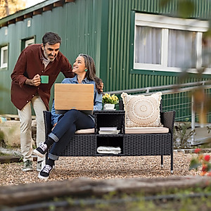 Flamaker Outdoor Furniture Patio Loveseat Wicker 2-Seat with Built-in Table and Cushions Rattan Porch Chairs Bench for Balcony, Lawn, Backyard (Beige)