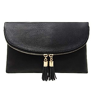 Solene Women's Envelop Clutch Crossbody Bag With Tassels Accent (WU075-Black)