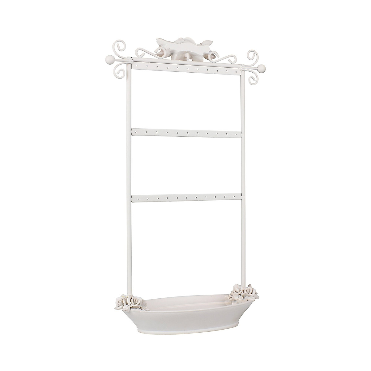 Shabby Chic Earring Holder Organizer Rack - Display Girls Hanging Jewelry on Metal Stand with Vanity Ring Dish Tray, Ivory Rose