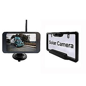 Solar Wireless License Plate Frame Backup Camera, 5 Inch HD Monitor with Digital Wireless Signal and HD Image Waterproof Rear View Camera for Truck,Car,RV，5 Mins DIY Installation，YIMU WX8310D