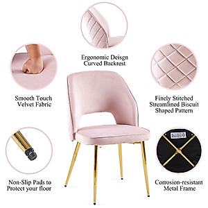 NORDICANA Modern Dining Chair Set of 4, Pink Velvet Fabric Upholstered Accent Chairs with Golden Metal Legs, Round Back Side Chairs for Kitchen Living Room Bedroom