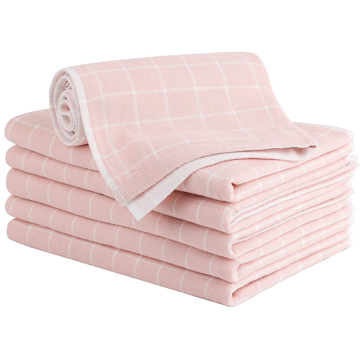 PiccoCasa 100% Cotton Terry Kitchen Towels Set of 6 Plaid Pattern (13 x 29 Inch) Soft Absorbent Drying Dish Towels for Kitchen Cooking - Pink