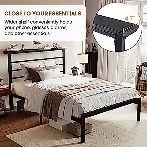 SHA CERLIN Twin Size Bed Frame with Headboard Shelf, Heavy Duty Platform Bed Frame with Strong Metal Foundation, No Box Spring Needed, Black