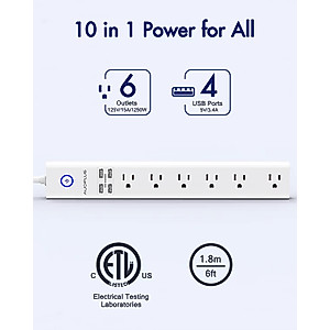 2 Pack Power Strip Surge Protector Flat Plug - 6 Widely Spaced Outlets 4 USB Charging Ports, 2100J/10A with 6Ft Long Extension Cord, Overload Surge Protection, Wall Mount for Home Office