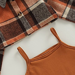 WALLARENEAR 2PCS Toddler Baby Girl Lapel Long Sleeve Button Down Plaid Jackets + Spaghetti Strap Dress Sets (Brown, 2-3 Years)