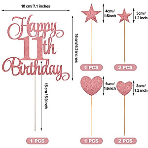 11th Birthday Cake Decorations Set Include 11th Birthday Candles Numeral 11 Cake Candles and Happy 11th Birthday Cake Toppers with Heart Star Cupcake Picks for Birthday Party (Rose Gold Series)