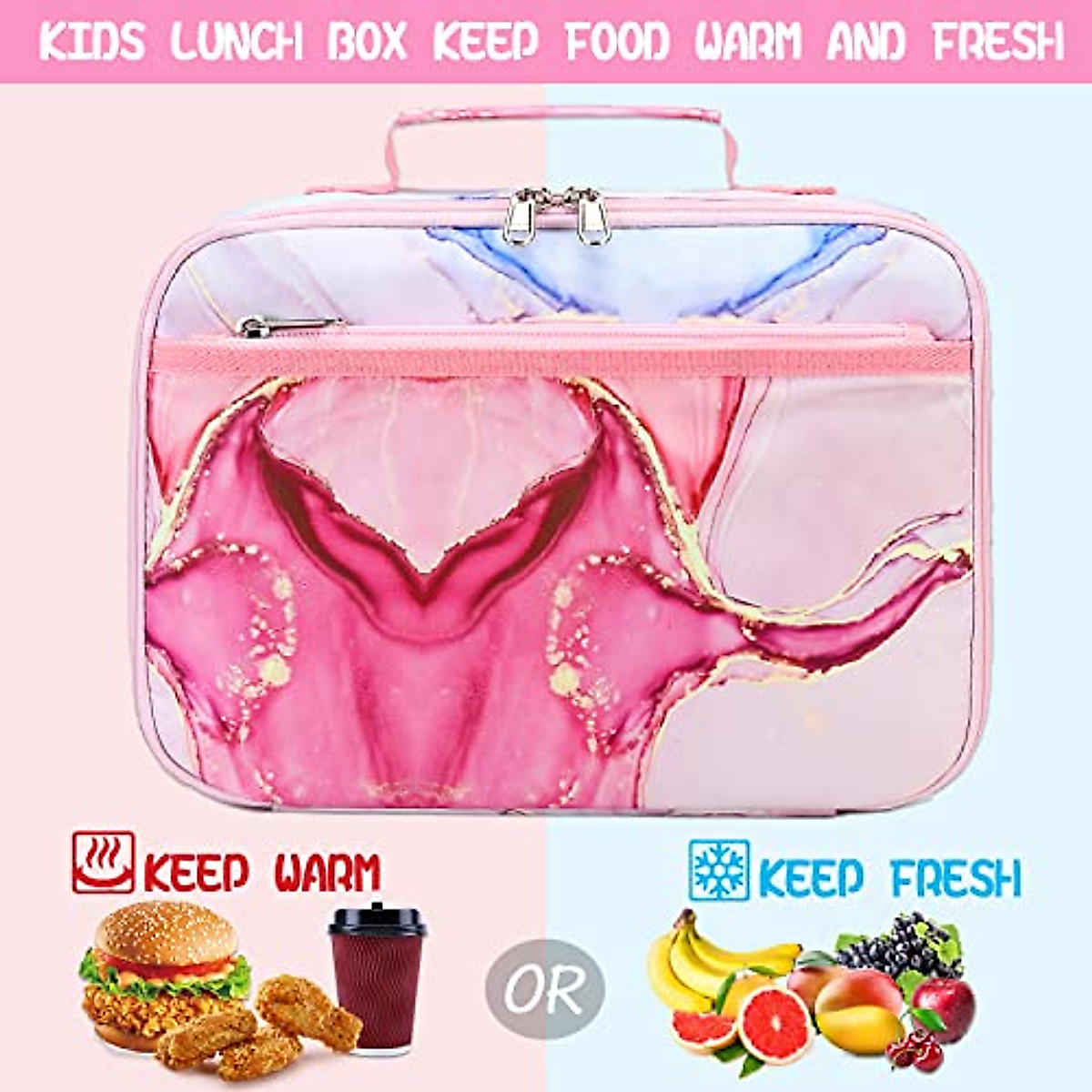 LOIDOU Lunch Box Kids Girls Boys Insulated Lunch Bag Thermal Meal Tote Women Reusable Lunch Pail Bags for School Travel (Marble Pink)