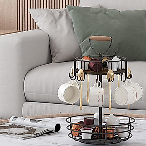 Coffee Mug Holder, 360 Degree Rotatable Mug Tree Stand, 2 Tiers Handle Coffee Cup Holder with 10 Mug Hooks, Coffee Pod Holder with Cup Pods, Saucer Basket Storage & Handle for Kitchen Coffee Bar