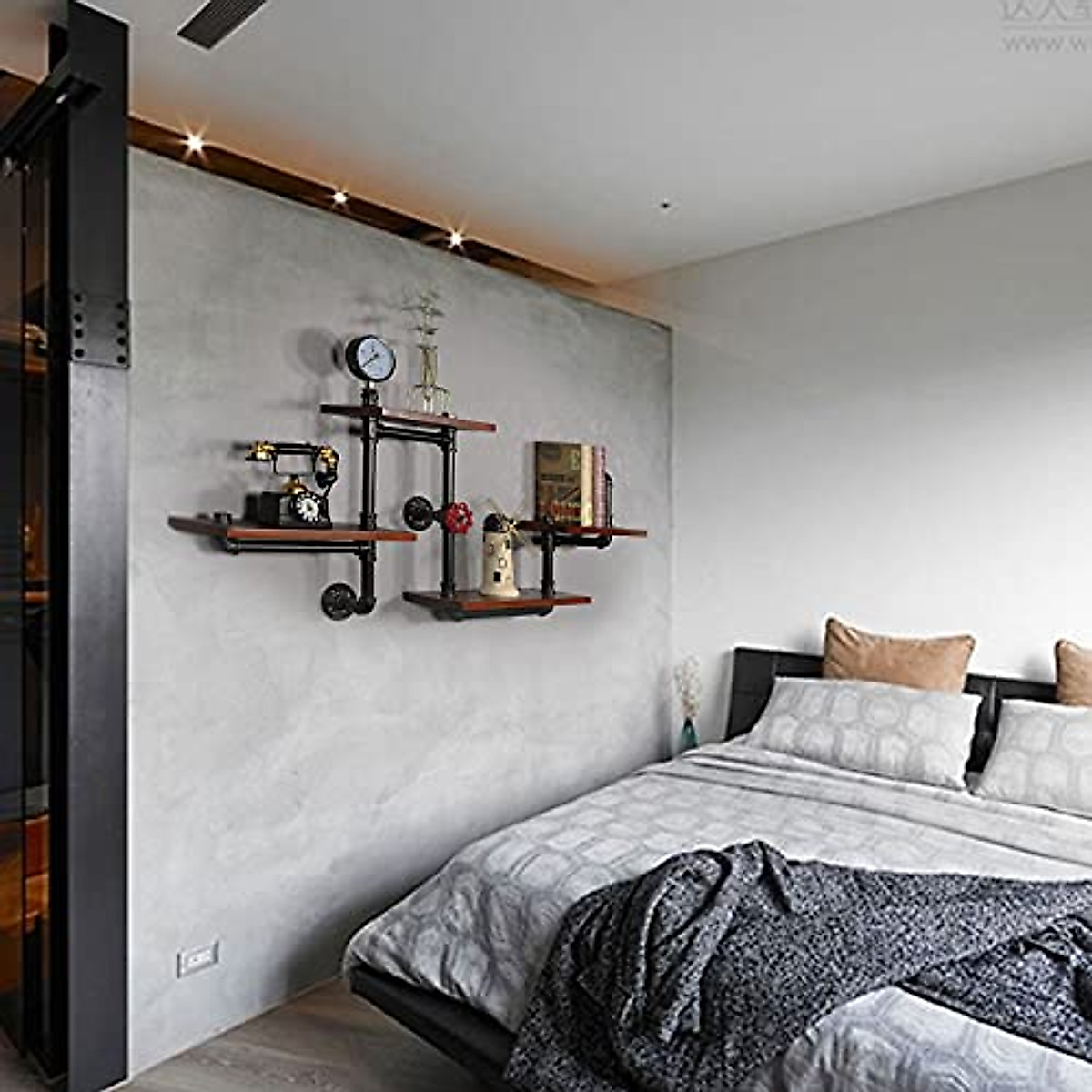 4 Tiers Industrial Pipe Shelving Wall Mounted,Rustic Wood Wall Shelf Storage Metal Floating Shelves Unit Bookshelf Hanging Wall Shelves for Farmhouse Kitchen Bar Bathroom Living Room Home Decor