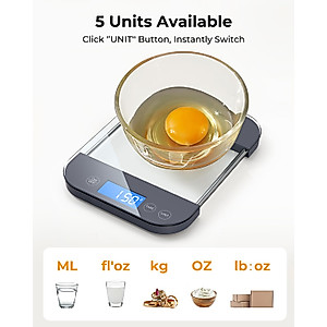 GGQ Rechargeable Food Scale Digital Weight Grams and Oz, [Max 33lb Min 1g], Full Waterproof Temepered Glass Panel, Crystal Clear Design for Kitchen Scale, Grey
