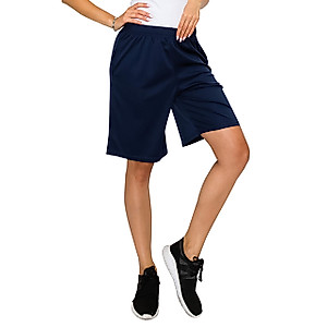 EttelLut - Women's Knee Length Loose Shorts with Side Pockets and Drawstring - Navy Medium