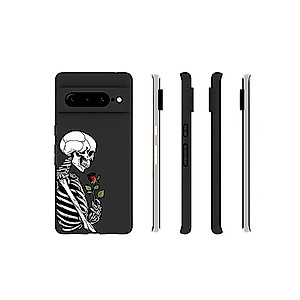 Compatible with Google Pixel 7 Pro Skull Case, Death Skull Skeleton Hold a Rose Pattern for Google Case Men Women, Soft Silicone Shockproof Case for Google