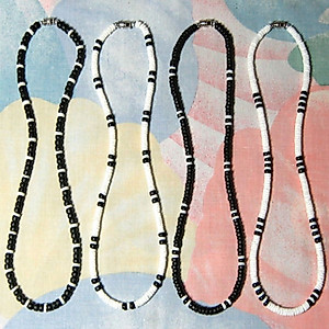Native Treasure 18" (4 Pack) Mens and Womens Summer Beach Surfer Necklaces From the Philippines, White Ark Shells and Black Coconut Beads