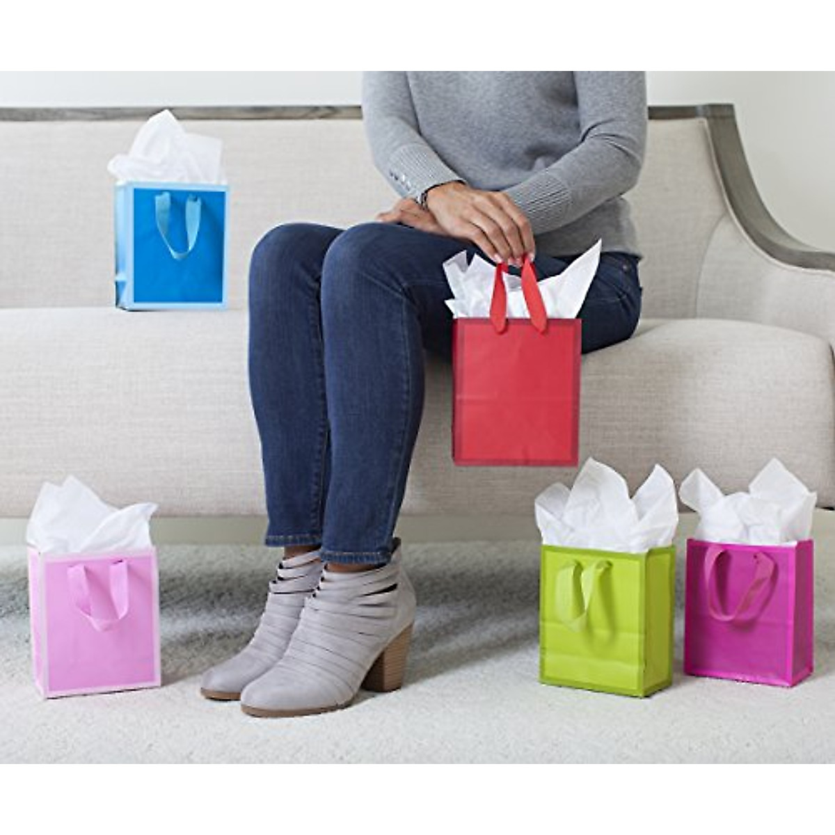 Hallmark 6" Small Solid Color Gift Bags (Pack of 5 - Red, Green, Blue, Light Pink, Hot Pink) for Birthdays, Easter, Parties or Any Occasion