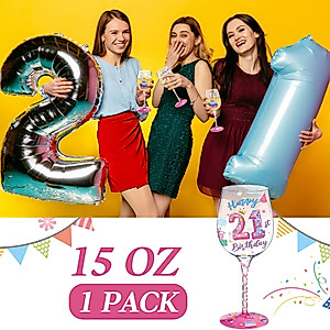 Funnymoom Hand Painted Wine Glass Birthday Gifts for Her Artisan Painted 15oz Gift Happy Birthday Cups (Pink,21st Birthday)