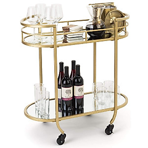 Displays2go Champagne Gold Drinks Trolley, Mirrored Glass Decks, Four Casters - Satin Finish (FSBEVCART5)
