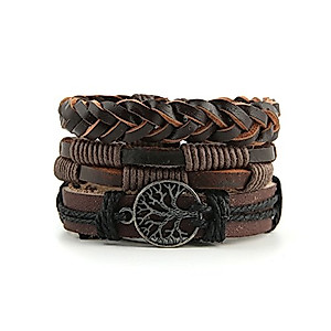HZMAN Genuine Leather Tree of life Bracelets Men Women, Tiger Eye Natural Stone Lava Rock Beads Ethnic Tribal Elastic Bracelets Wristbands (2Pcs)