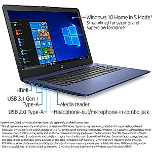 HP Stream Laptop 14-ds0010ds 14" AMD A6-9220e AMD Radeon R4 Graphics 4 GB RAM 64 GB eMMC W10 Home in S Mode BT Webcam Blue(Renewed)