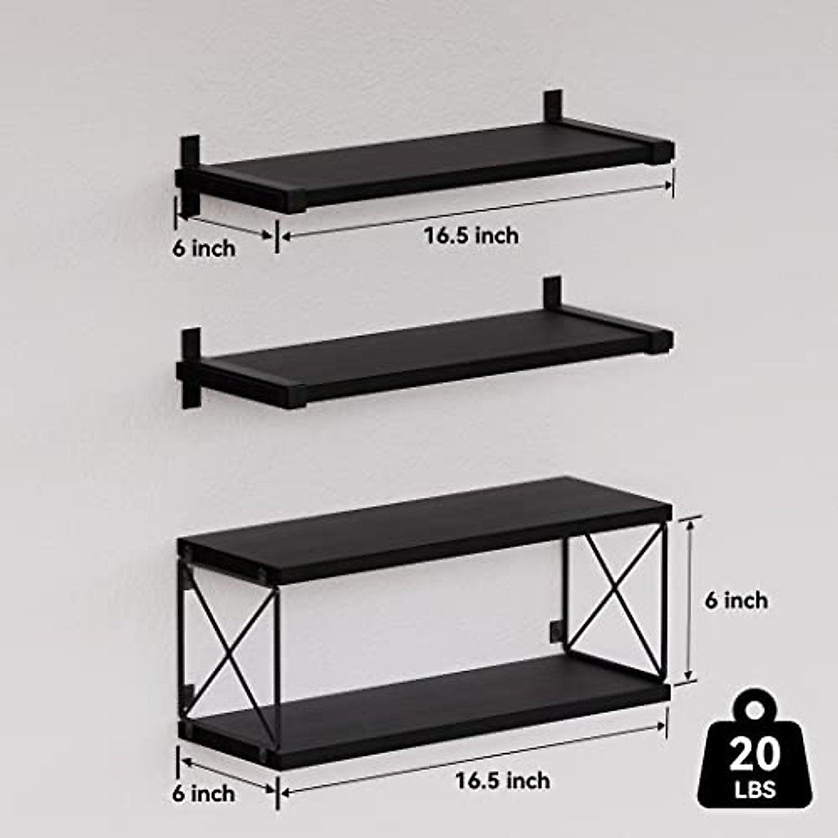 WOPITUES Floating Shelves Wall Mounted, Wood Bathroom Shelves with Extra Storage Shelf, Rustic Wall Shelves for Bathroom, Bedroom, Kitchen, Living Room, Plants - Black