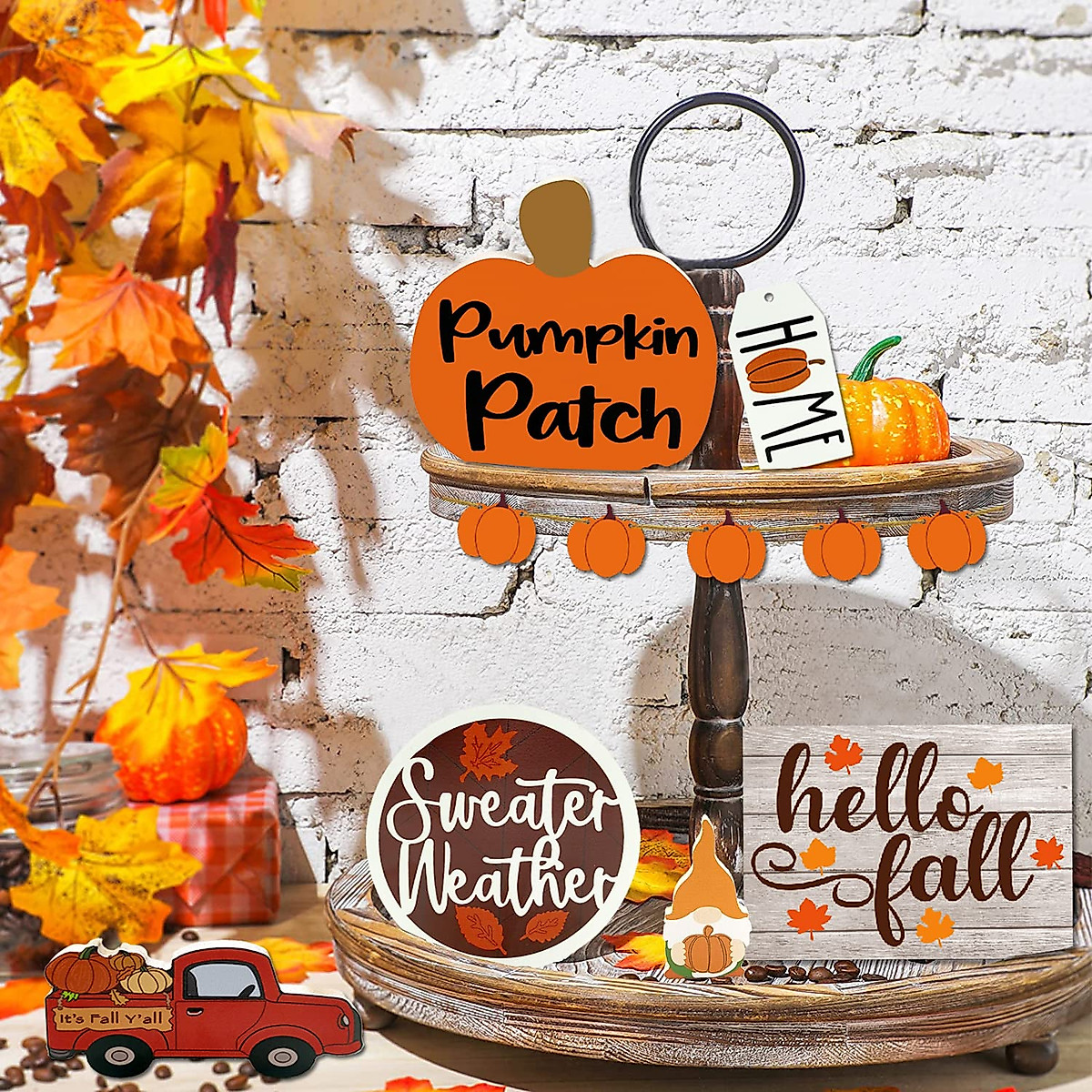 12 Pieces Fall Tiered Tray Decor Fall Wooden Signs Decor Set Include Pumpkin Gnome Truck Wood Sign Letter Sign Table Centerpieces for Thanksgiving Autumn Harvest Home Table Tiered Tray Decor