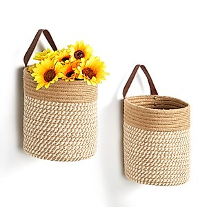 DULLEMELO Wall Hanging Basket 7 X 8 Inches Hanging Storage Baskets for Decor, Set of 2 Woven Storage Baskets,Wall Baskets for Storage Entryway Wall Decor,Jute&Khaki