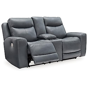 Signature Design by Ashley Mindanao Modern Leather Match Upholstered Power Reclining Loveseat with Console, USB Ports and Cup Holders, Gray