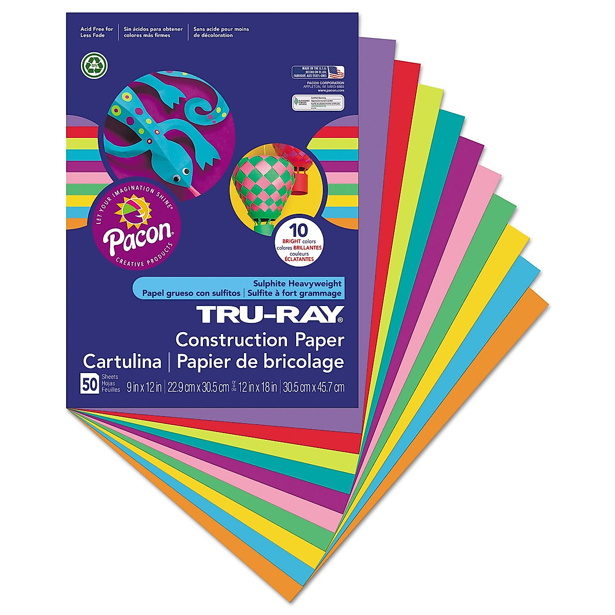 Pacon 102940 Tru-Ray Construction Paper, 76 lbs., 9 x 12, Assorted, 50 Sheets/Pack