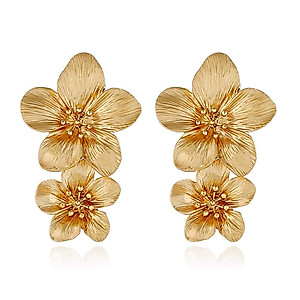 Large Double Flower Earrings Candy Color Metal Flower Dangle Earrings Romantic Boho Sweet Gold Chic Wild Flower Statement Earrings for Women Wedding Party Jewelry-gold