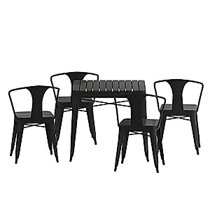 Flash Furniture Helvey Commercial Indoor/Outdoor Set 4 Metal Chairs Seats-Square Table with Poly Resin Top, 5 Piece, Black