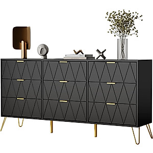 UEV Black Dresser for Bedroom,Modern 9 Drawer Triple Dresser with Gold Accents,Long Storage Dresser for TV Stand & Closet,Large Chest of Drawers for Living Room,Hallway,Entryway
