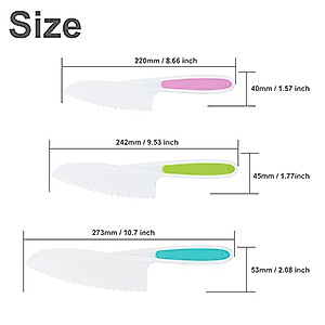 KUFUNG Kids Knife Set, 3 Piece Nylon Kitchen Baking Knife Set for Cooking and Cutting Fruits, Bread, Lettuce, Veggies Cake, Plastic Toddler Knife Set for Little Hands, Fun Safe Knife (Multicolor2, S)